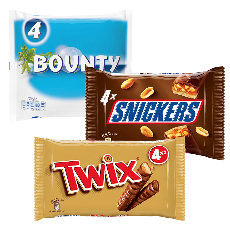 Elvi / ŠOKOLĀDĒM TWIX, BOUNTY VAI SNICKERS 4-PACK
